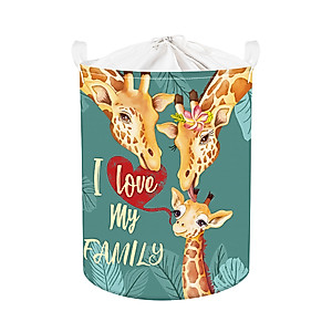Clastyle 45L Large Green Giraffe Family Kid Laundry Hamper with Handle Collapsible Animal Love Clothes Toy Storage Basket with Lid for Nursery