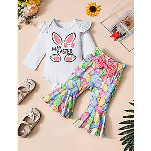 KANGKANG Easter Outfit Baby Girl 12 month Girl Clothes Rabbit Print Romper Flared Pants Pair of Hair Clips