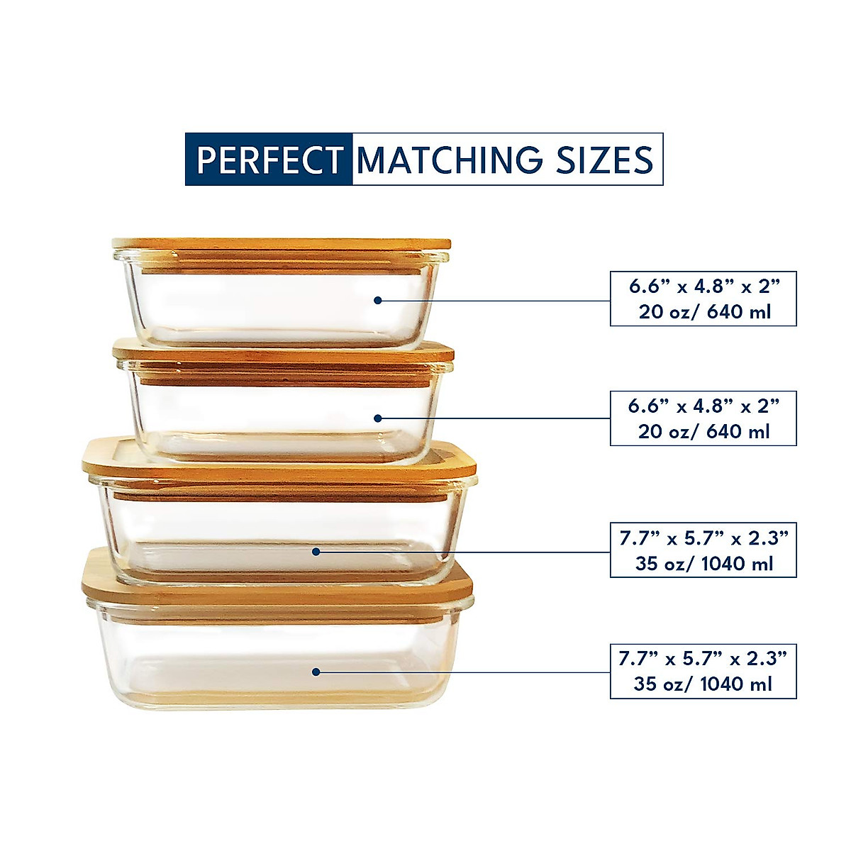 DE Glass Food Storage Containers with Bamboo Lids (4 Pack, 2 x 640ML & 2 x 1040ML) Eco Friendly Meal Prep Containers Reusable – Airtight, Plastic Free, BPA Free