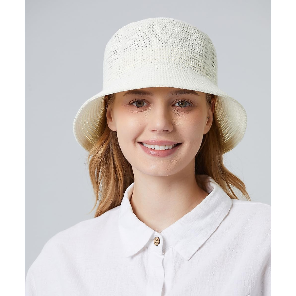 MEINICY Women Mesh Bucket Hat Woven Beach Hat Straw Sun Hat Foldable Packable Solid Fishing Hat for Summer Spring Fall (Ivory White)