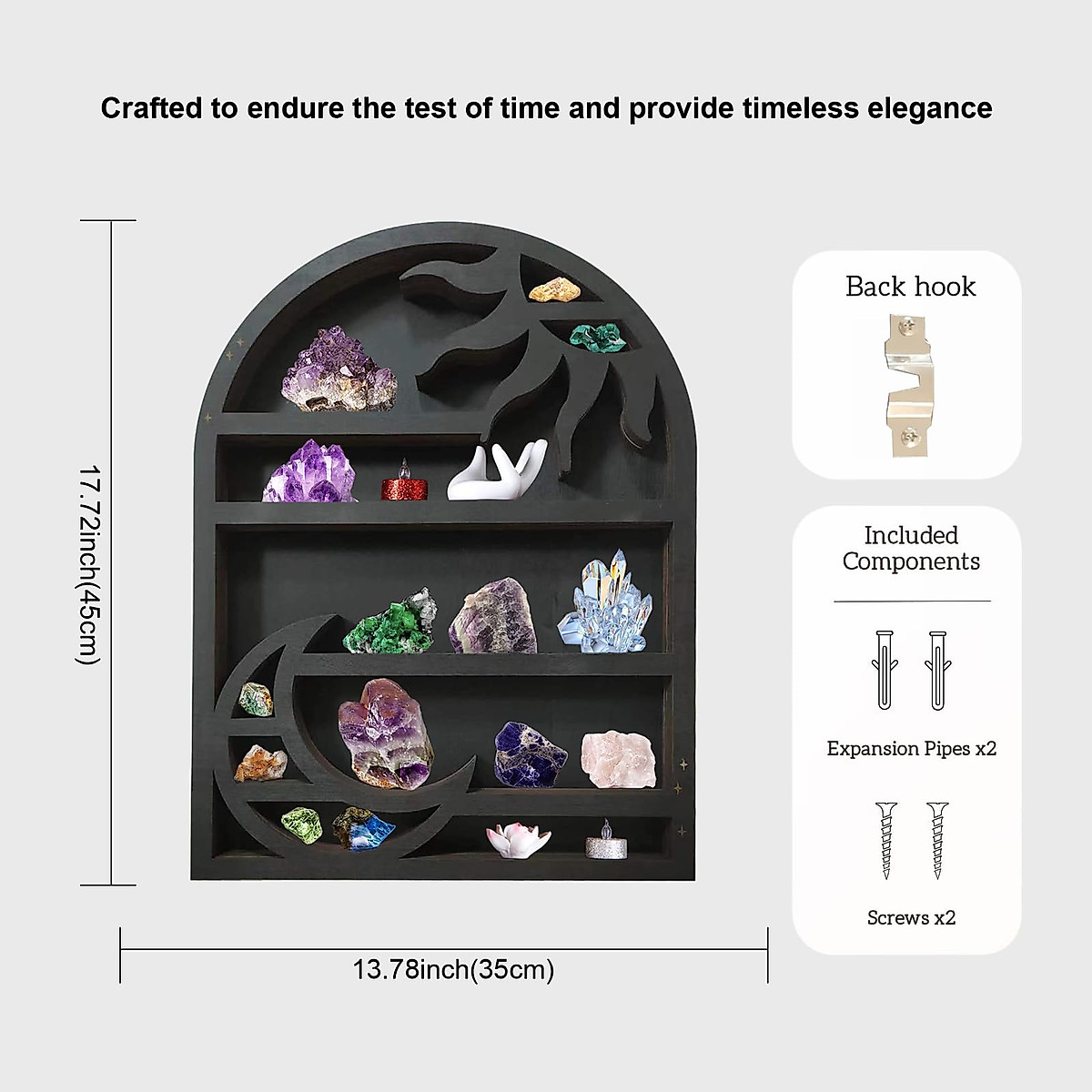 Moon & Sun Crystal Display Shelf, Wooden Crescent Moon Shelf Crystal Holder for Stone Essential Oils Plants, Moon Wall Decor for Spiritual Hippie or Witch Room, Zen Wall Decor Arch Shelf (A)