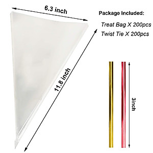 Cone Cellophane Bags,200 PCS 6.3"x11.8" Cello Clear Cone Shaped Treat Bags with Twist Ties, Plastic Cone Bags Triangle Bags for Popcorn Favor Candy