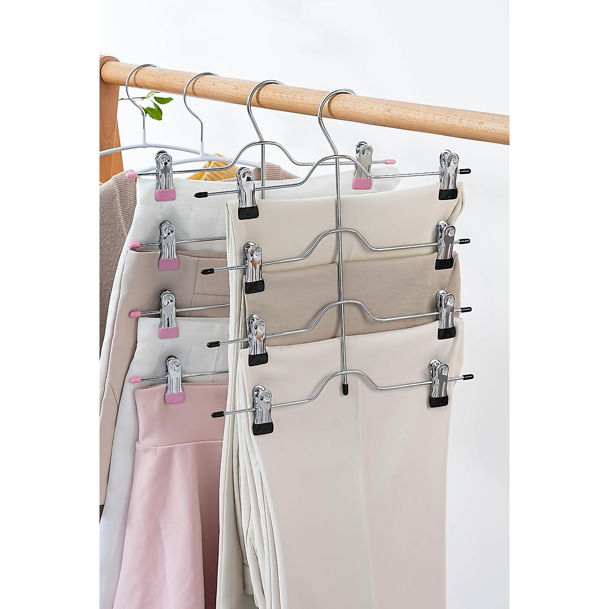 Solid Metal Skirt Hangers 4 Tier Pants Shorts Hangers Space Saving Hangers with Adjustable Clips Non Slip Grip for Slacks, Trousers, Shorts, Jeans, Towels, Pink, (2 Pieces) HL04P