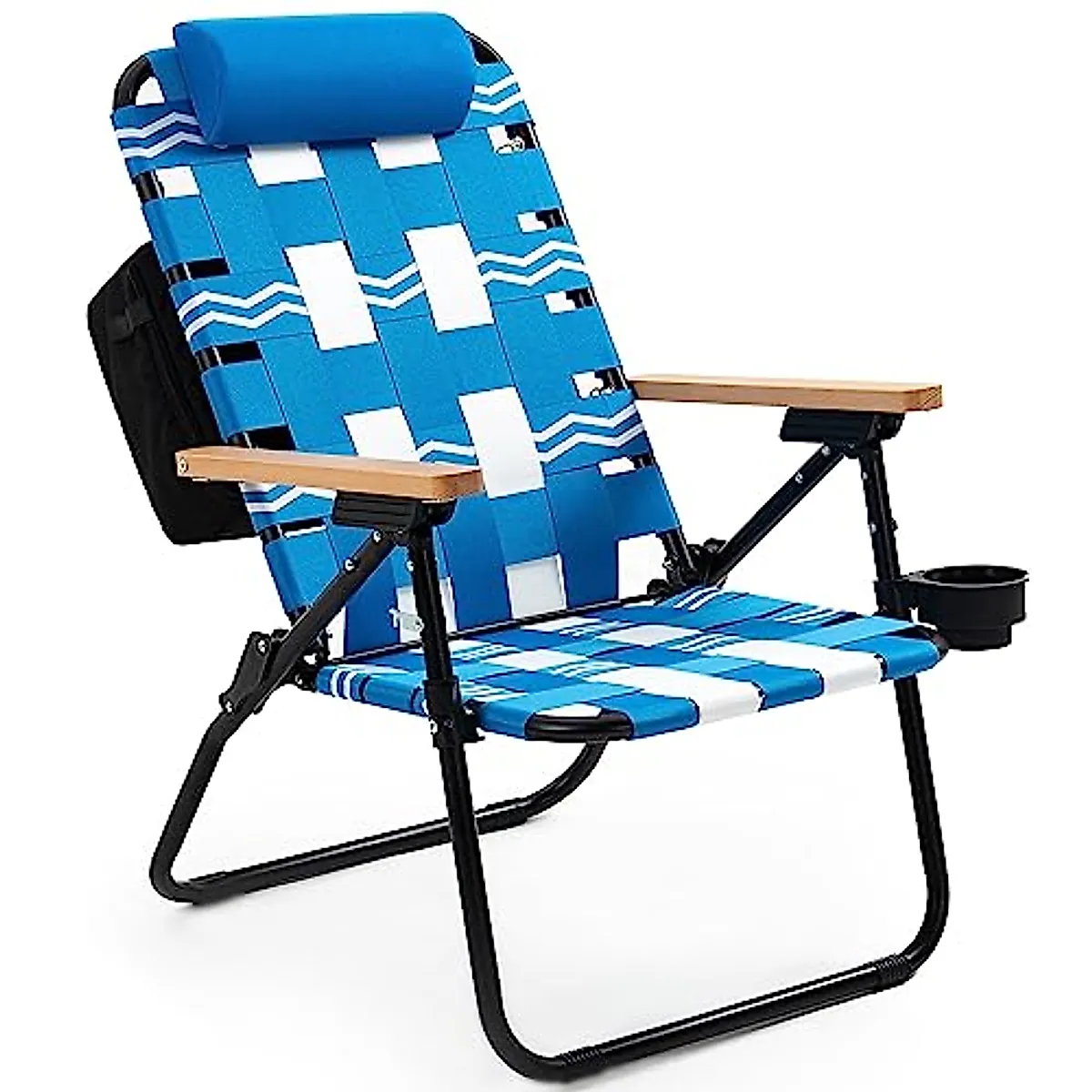 Dowinx Beach Chair with Cooler Bag, Folding Caming Chair with Backpack Straps, High Back 3 Position-Reclining Outdoor Chair Aluminum Frame(Blue)