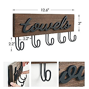Mkono Towel Holder Wall Mounted Towel Rack Bathroom Decor Rustic Wood Towel Hooks to Hang Towels Bathrobe Robe Coat Clothing, 12.6" x 5.2" Bath Towel Hanger Storage Home Decor Organizer
