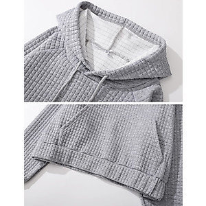 Gihuo Hoodies for Women Casual Waffle Cropped Sweatshirt Long Sleeve Drop Shoulder Drawstring Pullover Trendy Tops 2 Pockets (LightGrey-M)