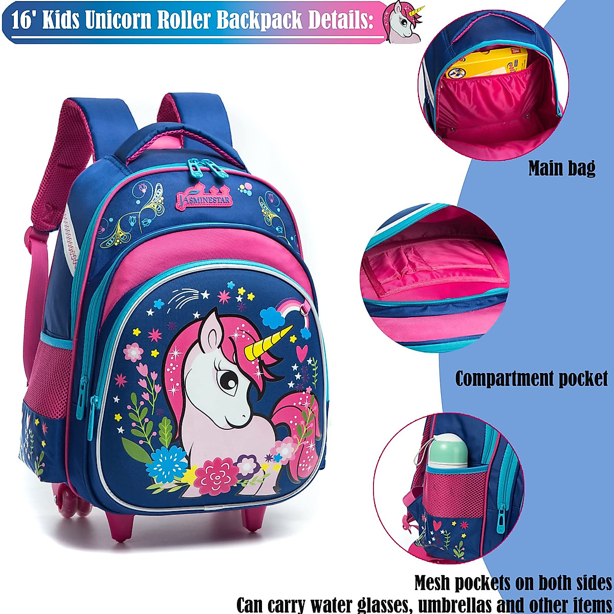 Egchescebo School Kids Unicorn Rolling Backpack With Wheels Trolley Wheeled Backpacks Travel Bags 16' 3PCS Girls Backpack With Lunch Box Blue