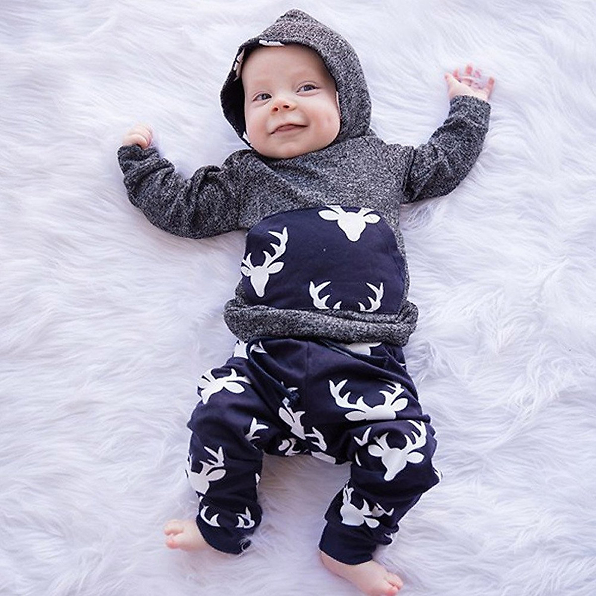 2PCs Baby Deer Print Hoodies with Pocket Top + Striped Long Pants Autumn Outfit Set (6-12M(Tag80), Grey&Dark Blue)