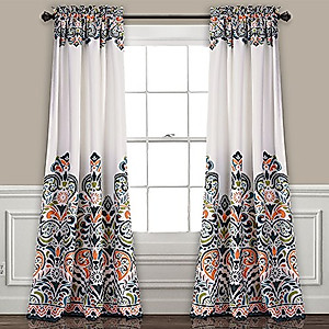 Lush Decor Clara Curtains Paisley Damask Print Bohemian Style Light Filtering Window Panel Set for Living, Dining, Bedroom (Pair), 52"W x 84"L, Navy & Tangerine