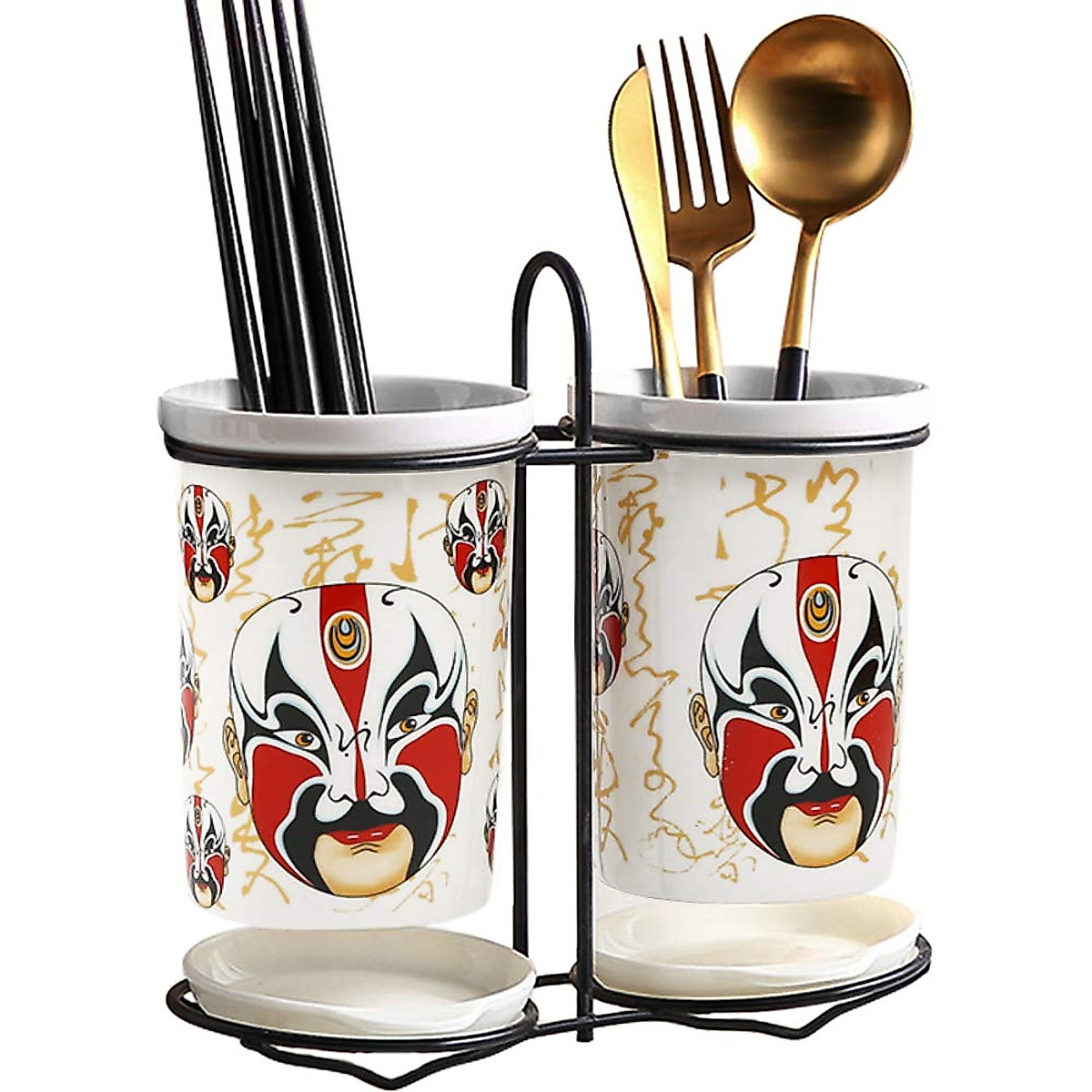 Kelendle Ceramic Caddy Cutlery Holder with Metal Base Utensil Organizer Flatware Organizer for Kitchen Countertop Table Cabinet Pantry, Mask