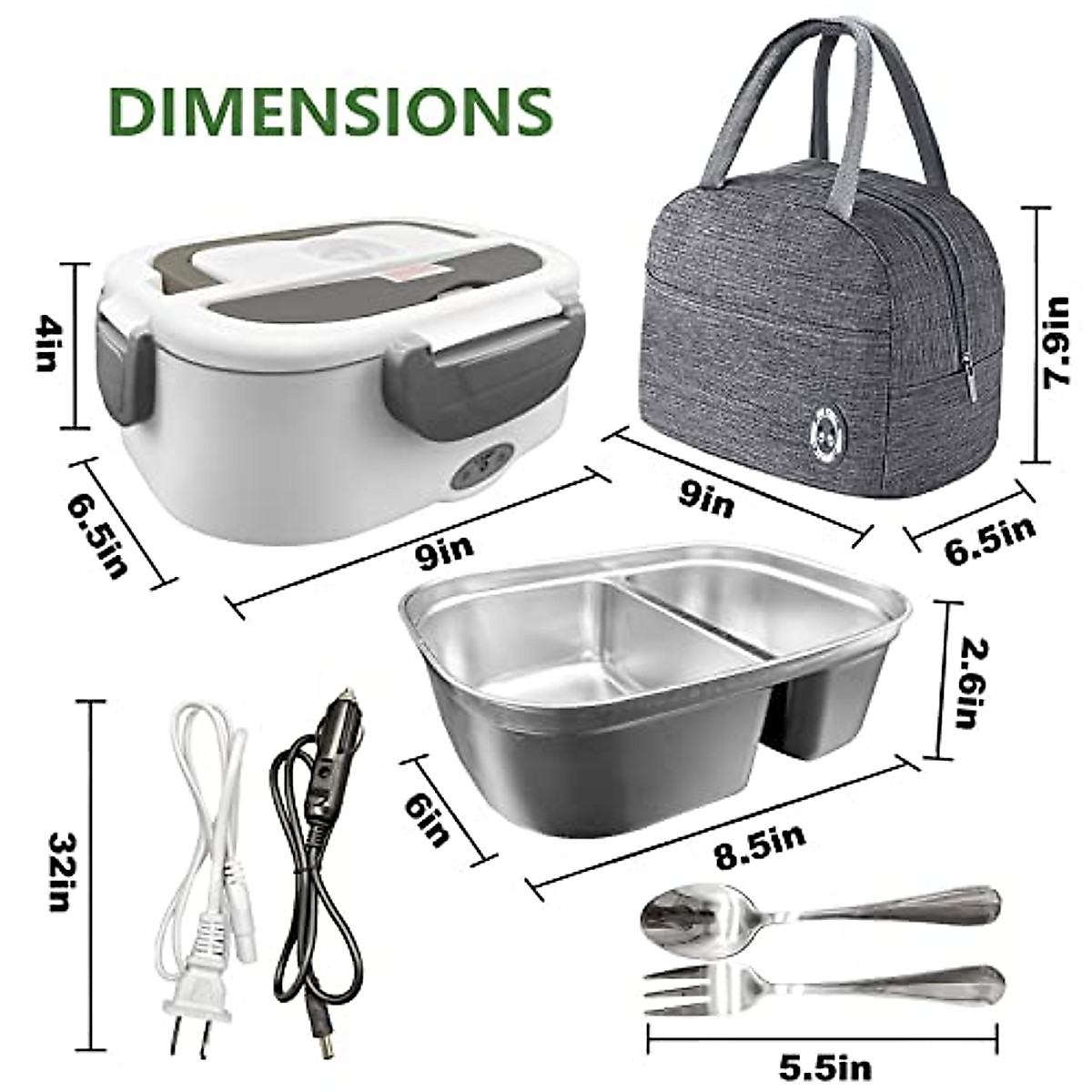 Electric Lunch Box Food Heater, Yokgrass 2-Compartment Fast Heating Adults Food Warmer for Car Truck and Home, Protable, Leak Proof, with 1.5L Stainless Steel Container, Fork, Spoon and Insulation Bag