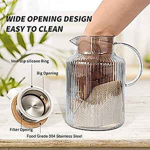 LUCKY-GO Glass Pitcher with Filter Lid, Spout and Handle, 61 Ounces Heat Resistant Borosilicate Glass Water Pitcher, Glass Carafe with Brush for Hot Cold Water, Milk, Iced Tea, Juice, Beverage, Gray