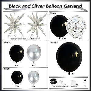 Black and Silver Balloon Garland Arch Kit with 3pcs Star Balloons, Silver and Black Balloon Confetti Latex Balloons for Birthday Wedding Graduation Baby Shower Disco Anniversary Party Decorations