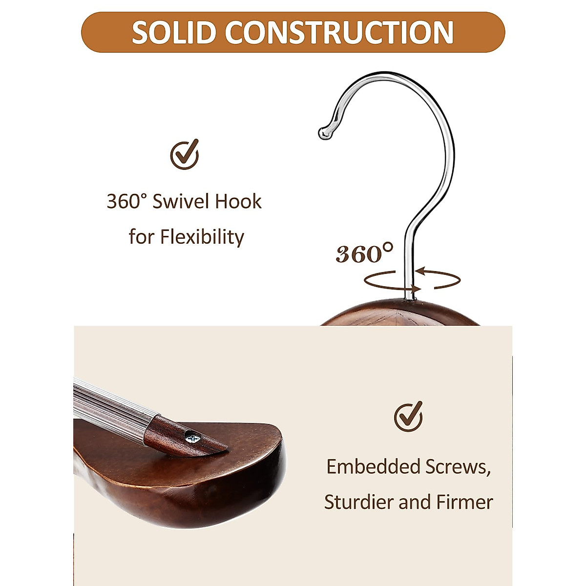 AMKUFO Wide Shoulder Wooden Hangers 8 Pack Coat Hangers with Non Slip Pants Bar, Heavy Duty Suit Hangers Wood Clothes Hangers with Smooth Finish 360° Swivel Hook for Sweater Jackets Shirts Walnut