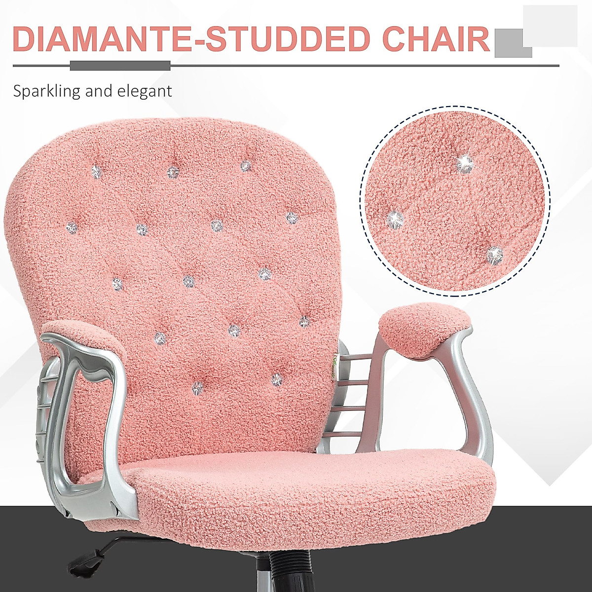 Vinsetto Teddy Fleece Home Office Chair, Button Tufted Desk Chair with Padded Armrests, Adjustable Height and Swivel Wheels, Pink