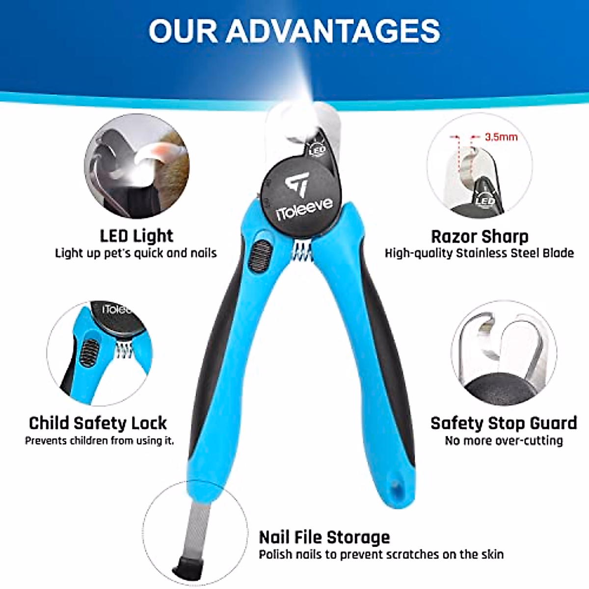 iToleeve LED Dog Nail Clipper with Light, Illuminates Cat & Dog Nails or Bloodline, Extra Sharp for Hard Claws, Dog Nail Trimmers with Quick Sensor and Safety Guard, Avoid Over-Cutting Toenail