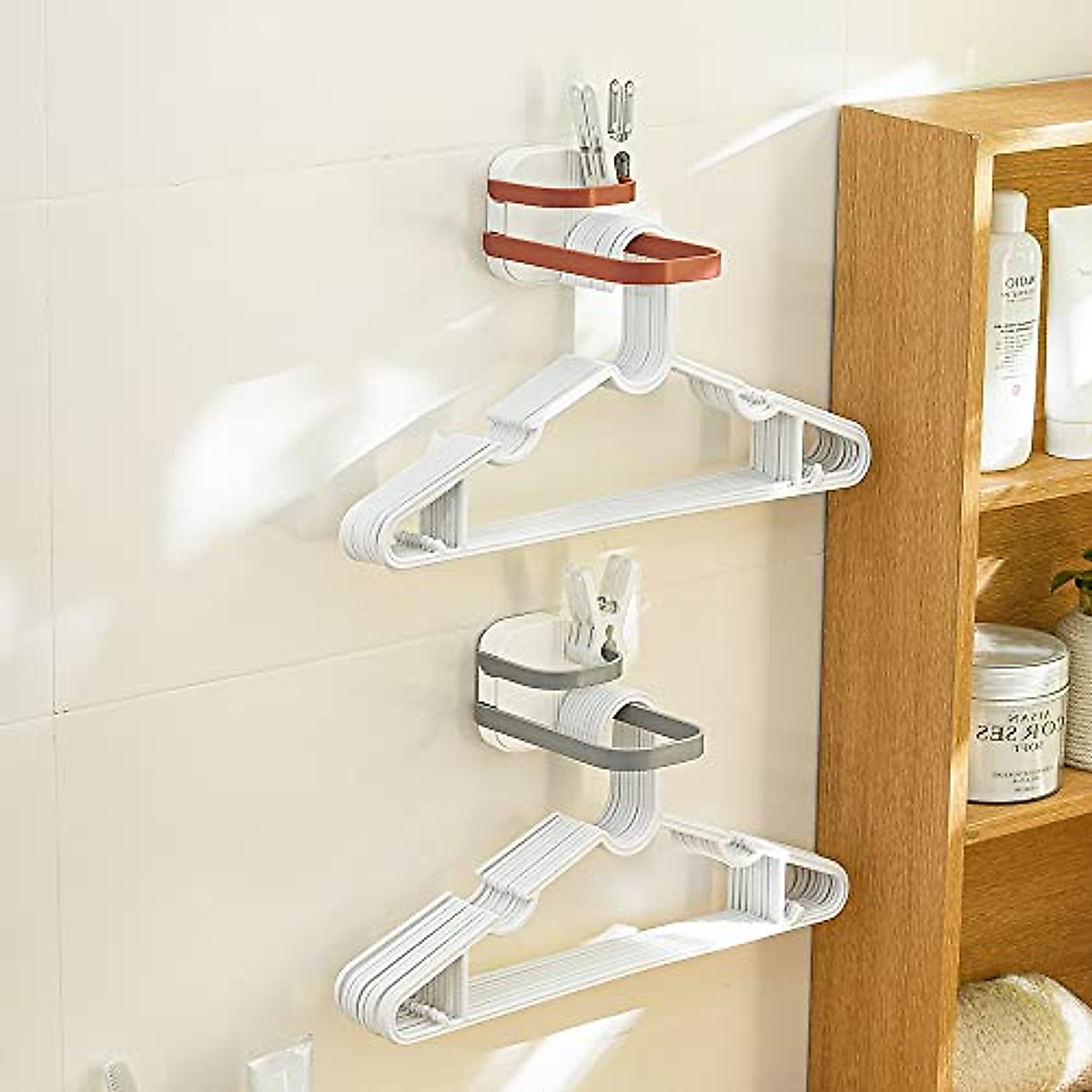 LINFIDITE 2 Pack Clothes Hanger Organizer Hanger Storage Organizer Stacker Double Layers Foldable Hanger Holder Rack Wall Mounted Clothes Hanger Clips Organizer for Laundry Room Balcony Bathrooms,Grey