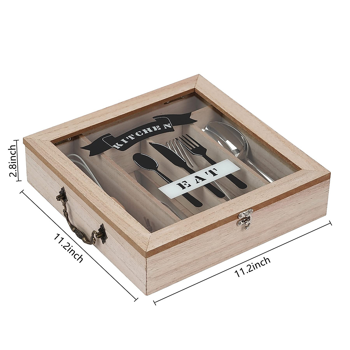 WPKLTMZ Wooden Cutlery Box with Lid Wood Cutlery Organizer Silverware Drawer Organizer with 4 Compartments for Spoon Chopsticks Storage Box Container for Kitchen Countertop Dining Table