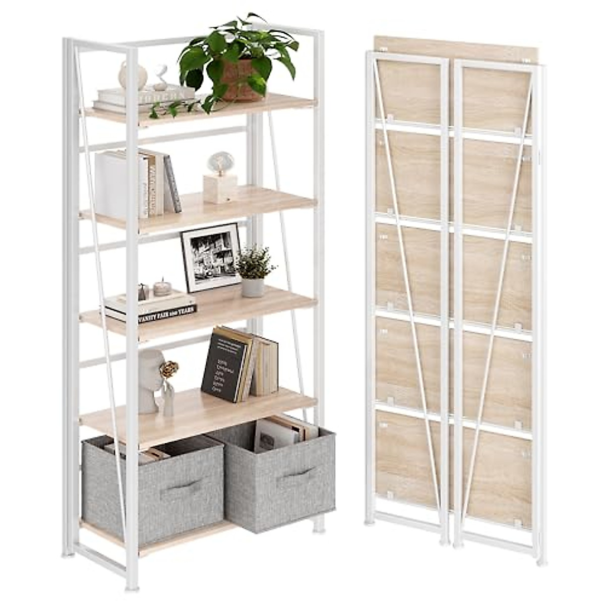 4NM No-Assembly Folding Bookshelf Storage Shelves 5 Tiers Vintage Bookcase Standing Racks Study Organizer Home Office (Natural and White)