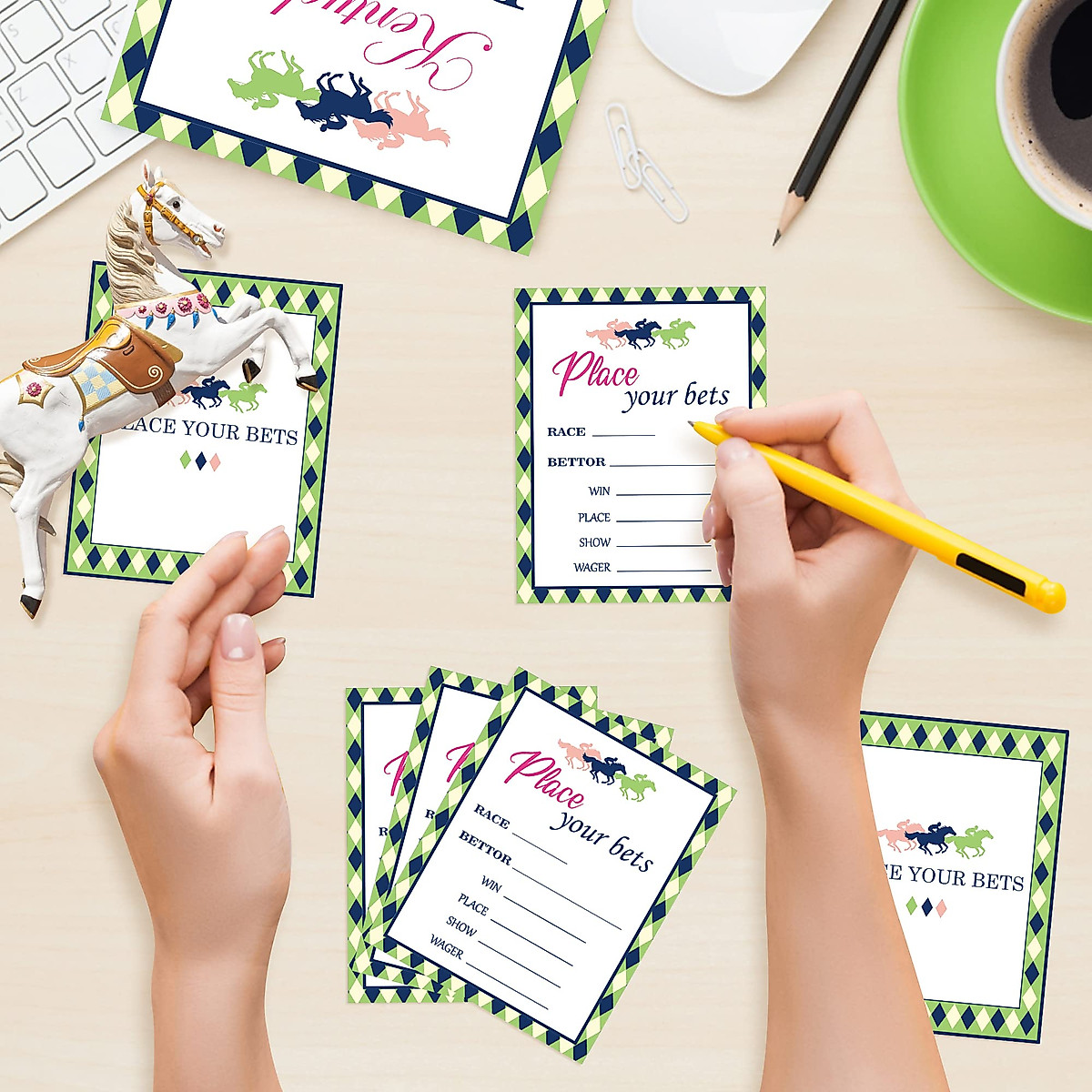 Haooryx 41Pcs Horse Derby Race Betting Cards Party Game Supplies Horse Derby Card for Guess Who Will Win, Play Your Horse Bet Card Win Place Show Ticket Jockey Club Invitation Card Guessing Horse Game