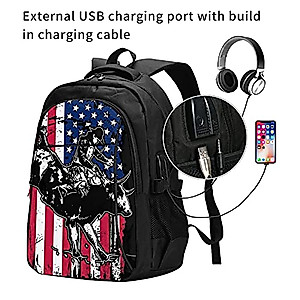 herbeier Stylish Rodeo Bull Rider American Flag Travel Backpack with USB Charging Port for Travel Business School Gifts, One Size