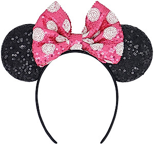 LIHELEI Minnie Ears Mouse Ears Headband with Sequin Bows, Headbands for Kids Halloween Costume, Headwear Hair Accessories for Women Girls - 3PCS Hot Pink