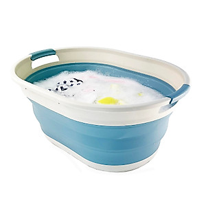 SAMMART 28L (7.4Gallons) Collapsible Plastic Laundry Basket - Oval Tub/Basket - Foldable Storage Container/Organizer - Portable Washing Tub - Space Saving Laundry Hamper (1, Grey/Sterling Blue)