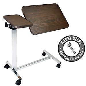 Vaunn Medical Adjustable Tilt Overbed Bedside Table with Wheels for Hospital and Home Use