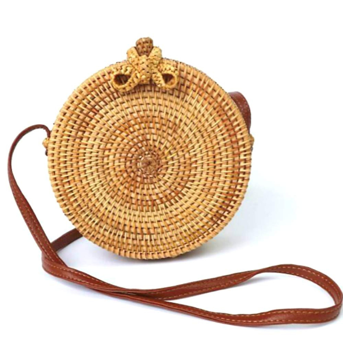 Kbinter Handwoven Round Rattan Straw Bag for Women Shoulder Leather Button Straps Natural Chic Handmade Boho Bag Bali Purse (Bow-Tie)
