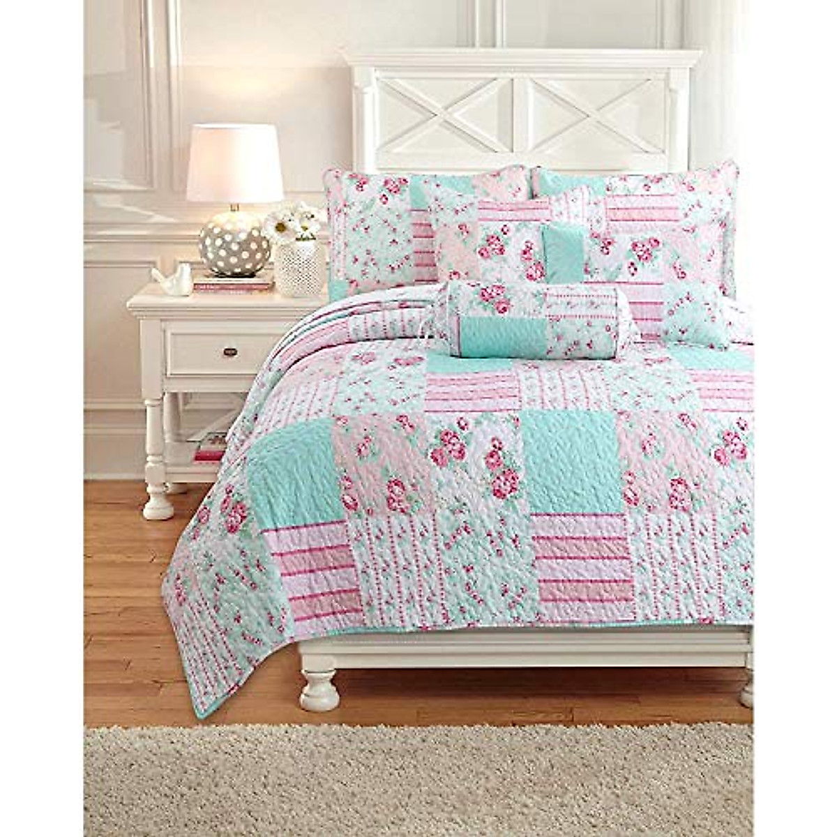 Cozy Line Home Fashions Tiffany Flower Garden Floral Polyester 3-Piece (Square, Rectangle, Bolster) Decor Throw Pillows, Pink, Blue, White
