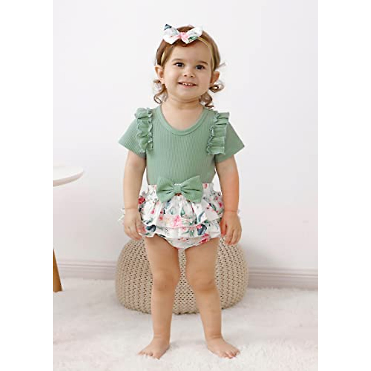 nilikastta Newborn Baby Girl Clothes Infant Girl Summer Outfit Ruffle Sleeve Romper Floral Shorts Bowknot Headband Set(Green,3-6M)