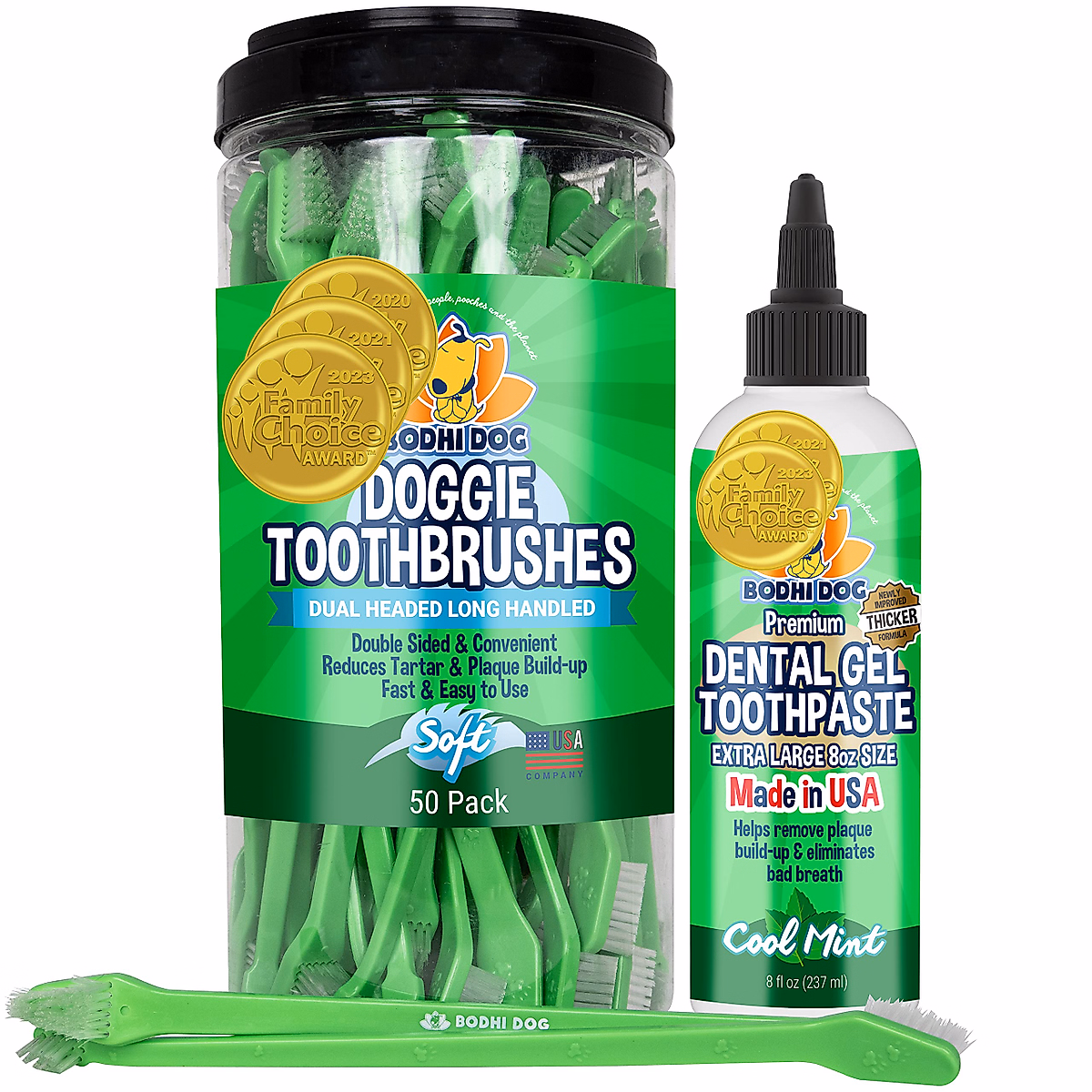 Bodhi Dog 50 Pack Dual Headed Long Toothbrushes + Dental Gel Toothpaste Bundle