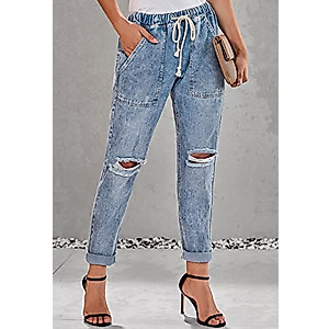 Metietila Women’s Casual Pull-on Distressed Stretch Jeans Elastic Waist Jean Light Indigo Denim Joggers Pants for Women XX-Large
