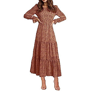 BTFBM Women Casual Long Sleeve Crew Neck Fall Dress Bohemian Relaxed Fit Floral Flowy Maxi Dresses Tiered Cocktail Dress（Floral Brown, Small