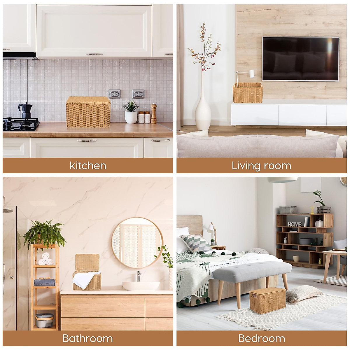 ABOOFAN Wicker Storage Basket with Lid Woven Rattan Seagrass Storage Box Rectangular Household Organizer Boxes Shelf Wardrobe Organizer Cube Clothes Container for Organizing