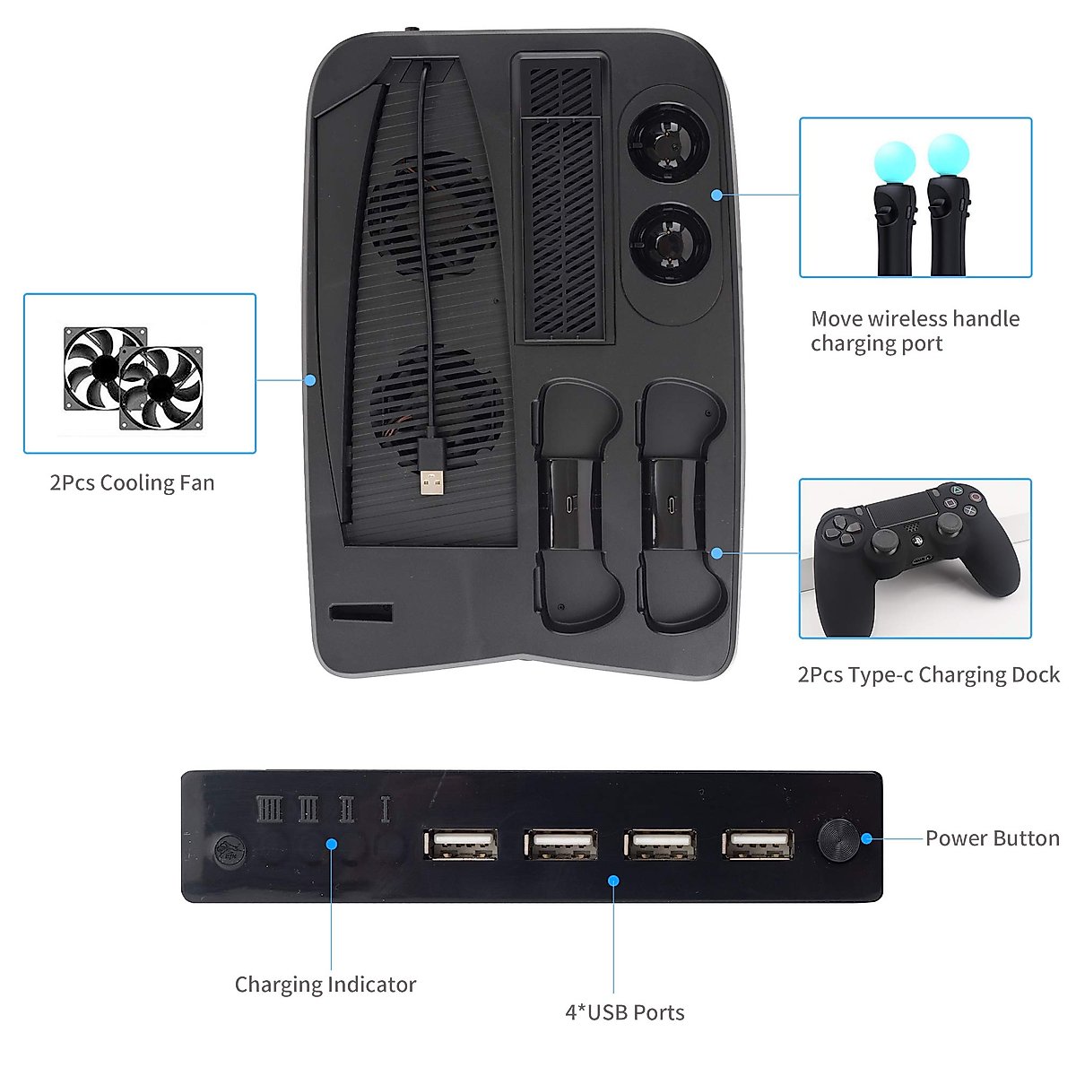 PS5 controller charger，Multifunctional PS5 cooling base,Cooler Fan for PS5 console, Improve the operational life span， Dual handles can be charged at the same time