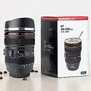 Tmango Camera Lens Coffee Mug With Retractable Lid, Photo Coffee Mugs, Stainless Steel Travel Lens Mug, Great Gifts for Photographers Men and Women
