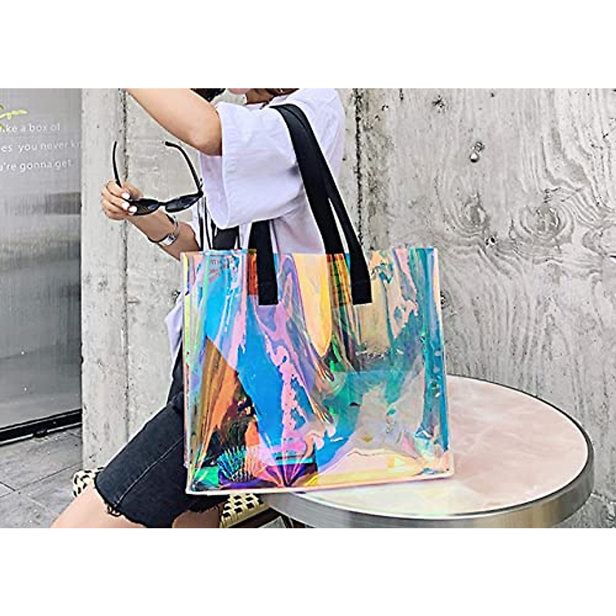 Holographic Clear Tote Bag for Stadium Concert, Fashion Iridescent Tote Handbag for Women Christmas Gift, Large Waterproof Fans Bag for Sport Game