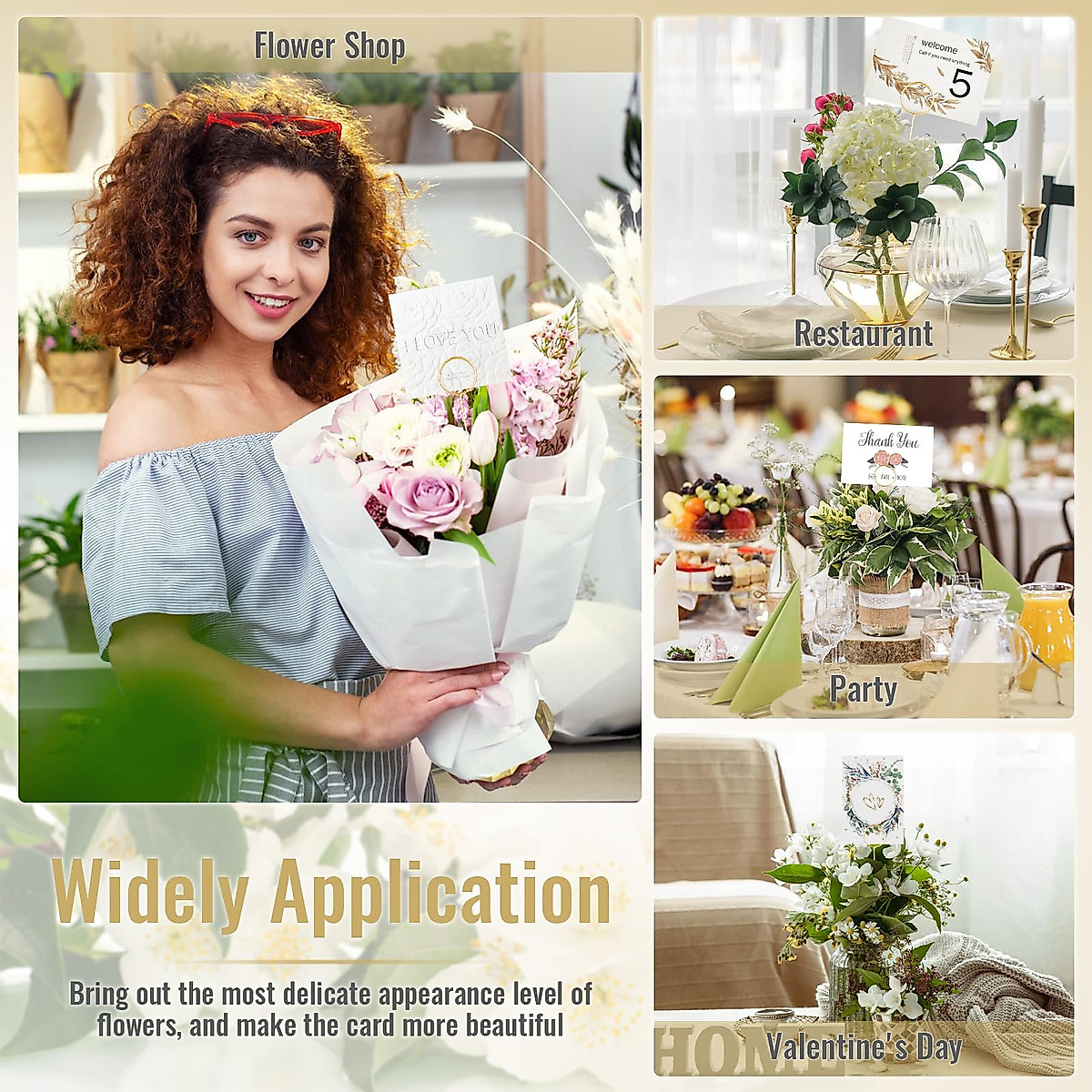 GAOHUI 40Pcs Gold Floral Picks, Metal Card Holder, 13.18 Inch Bouquet Holder for Floral Arrangements, Flower Favor Photo Holders Place Card Holder for Wedding Party