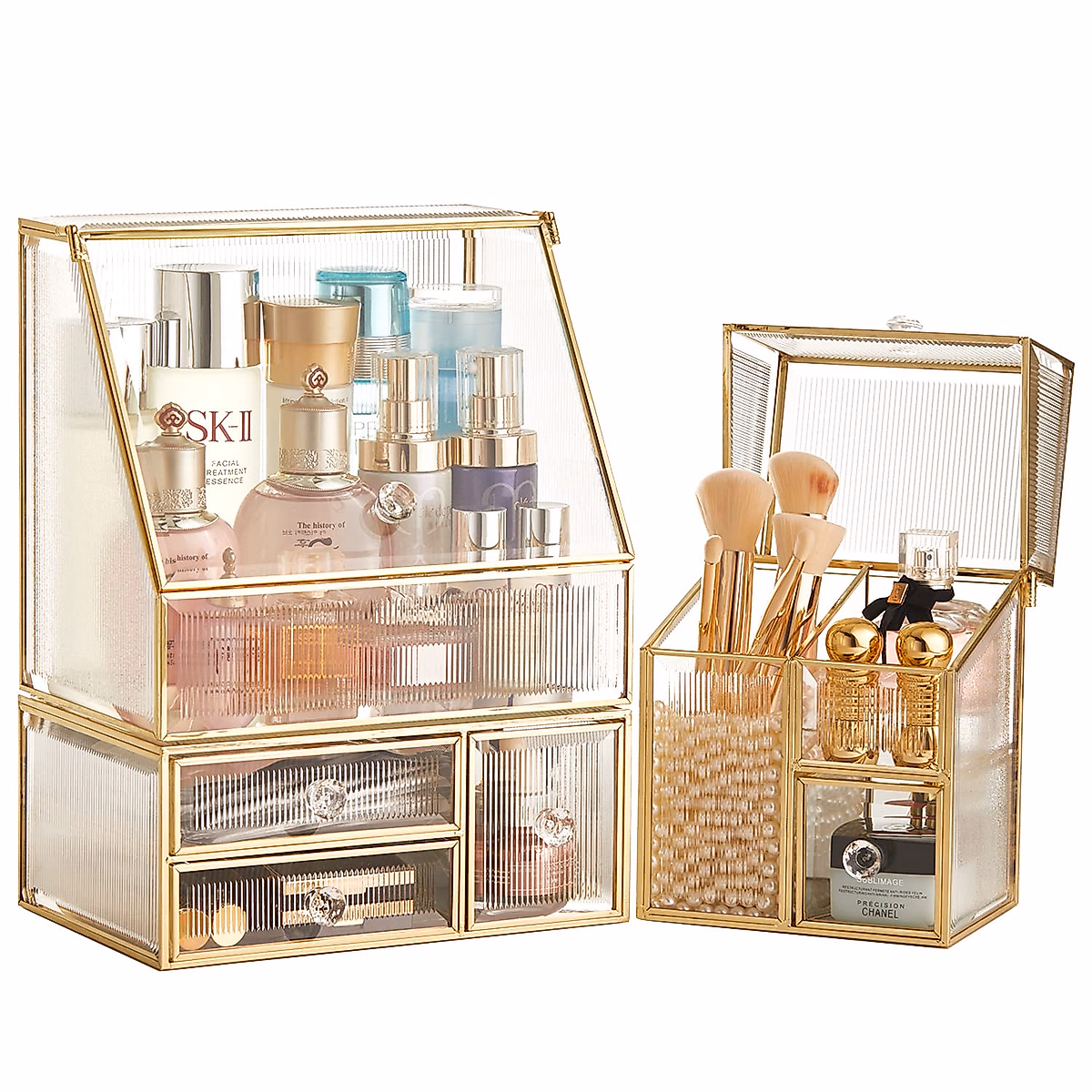 Stackable 3Pieces Drawer Set Glass Makeup Organizer Antique Countertop Vanity Cosmetic Storage Box Mirror Glass Beauty Display, Holder for Brushes Lipsticks Skincare Toner with free Pearl (Gold)