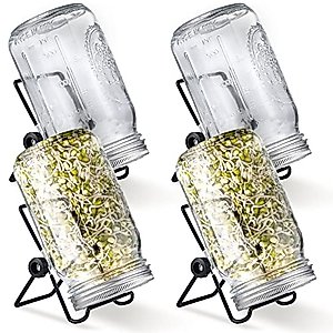 meekoo 4 Sprouting Jar Kit Wide Mouth Mason Jars with Stainless Steel Screen Sprout Lids and Stand Microgreens Growing Kit Seed Germination Kit Seed Sprouter Set for Growing Broccoli Alfalfa Mung Bean