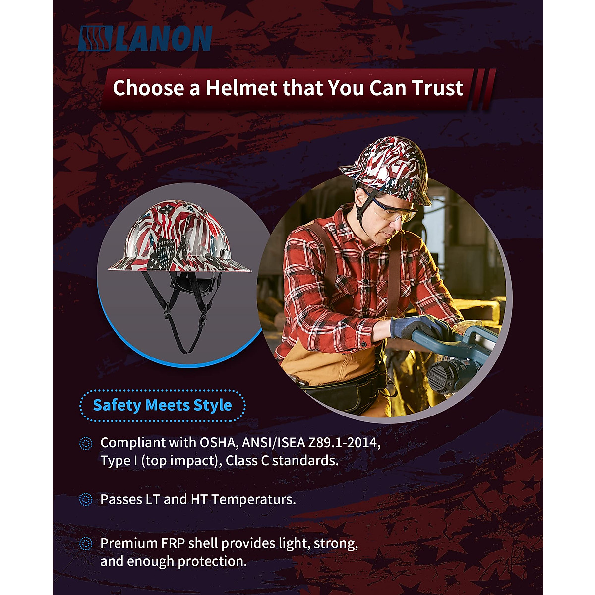 LANON Full Brim Hard Hat, OSHA Construction Work Approved, Premium Charcoal Gray Design, FRP Safety Helmet with 4 Point Adjustable Ratchet Suspension, Class C
