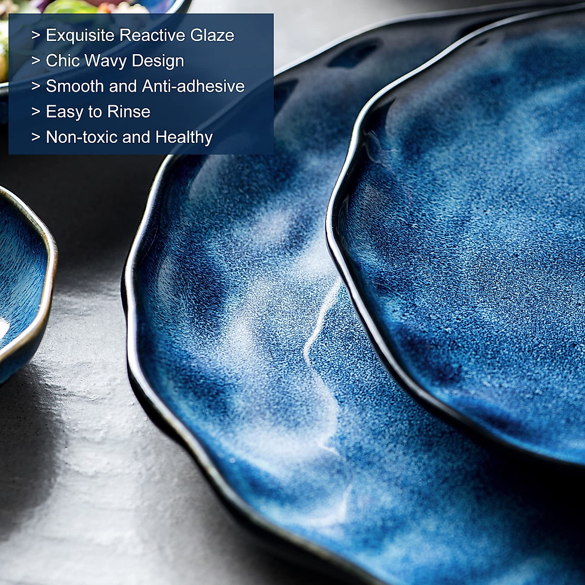 Ceramic Bowls Set for Pasta, Salad, Cereal, Dessert - 8 Inch Wide and Shallow Soup Plates, Serving Dishes Set of 4 Microwave, Dishwasher Safe, Blue