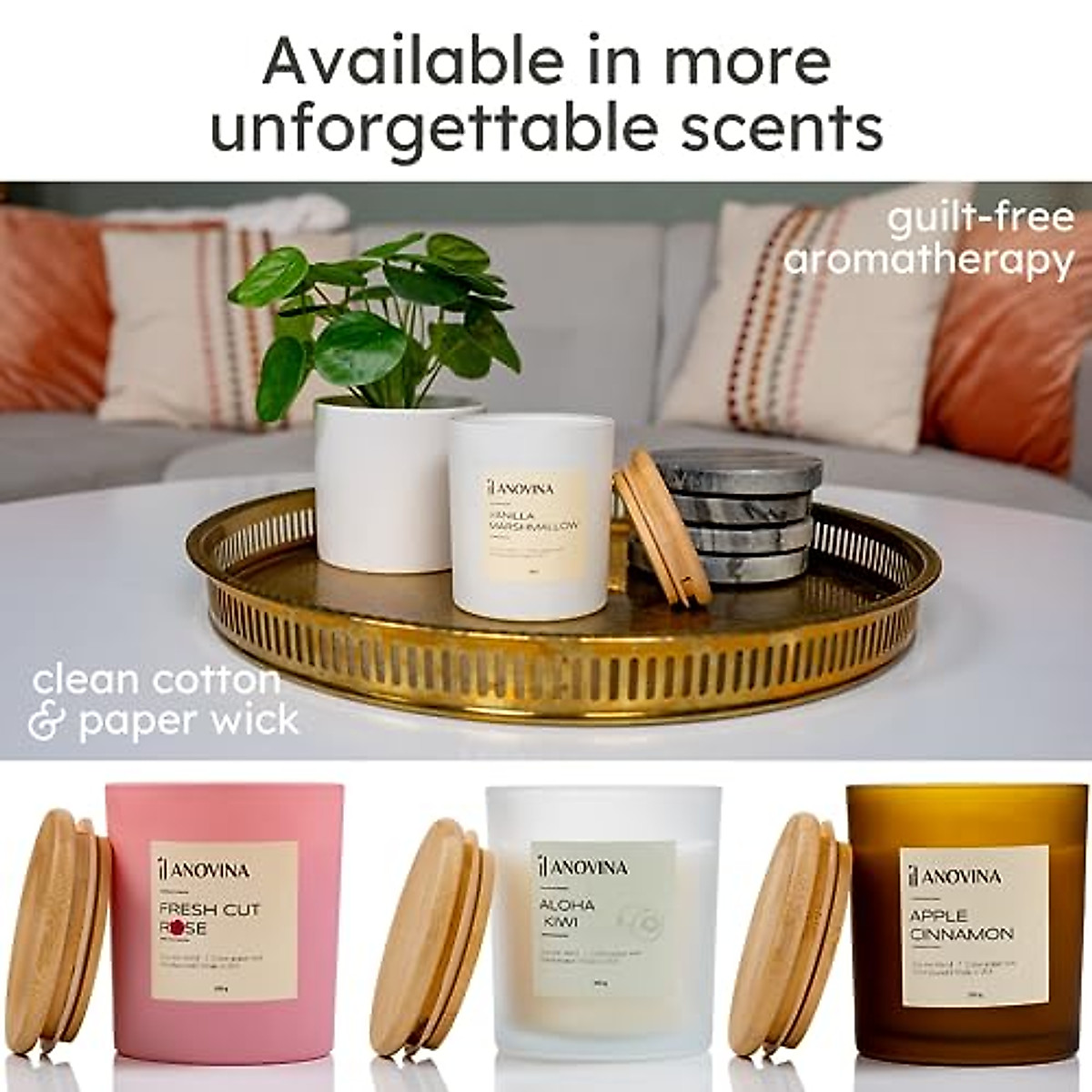 Anovina Vanilla Scented Candle – Hand-Poured in USA, Bamboo Lid & Elegant Gift Box. Candles for Home & Scented Candle Gifts for Someone You Love – A Perfect Valentine's Gift!