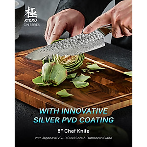 KYOKU Gin Series Chef Knife, 8" All Purpose Kitchen Knife, Japanese VG10 Damascus Stainless Steel Knife with Silver Ion Blade G10 Handle Mosaic Pin, Professional Knife for Meat Fruit Vegetables