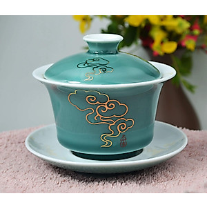 Porcelain Gaiwan 5oz /150ml Teacup White Glazed Classical Chinese Auspicious Clouds Tea Cup Tureen Sancai Cover Bowl Lid Cup Saucer Set (Green)