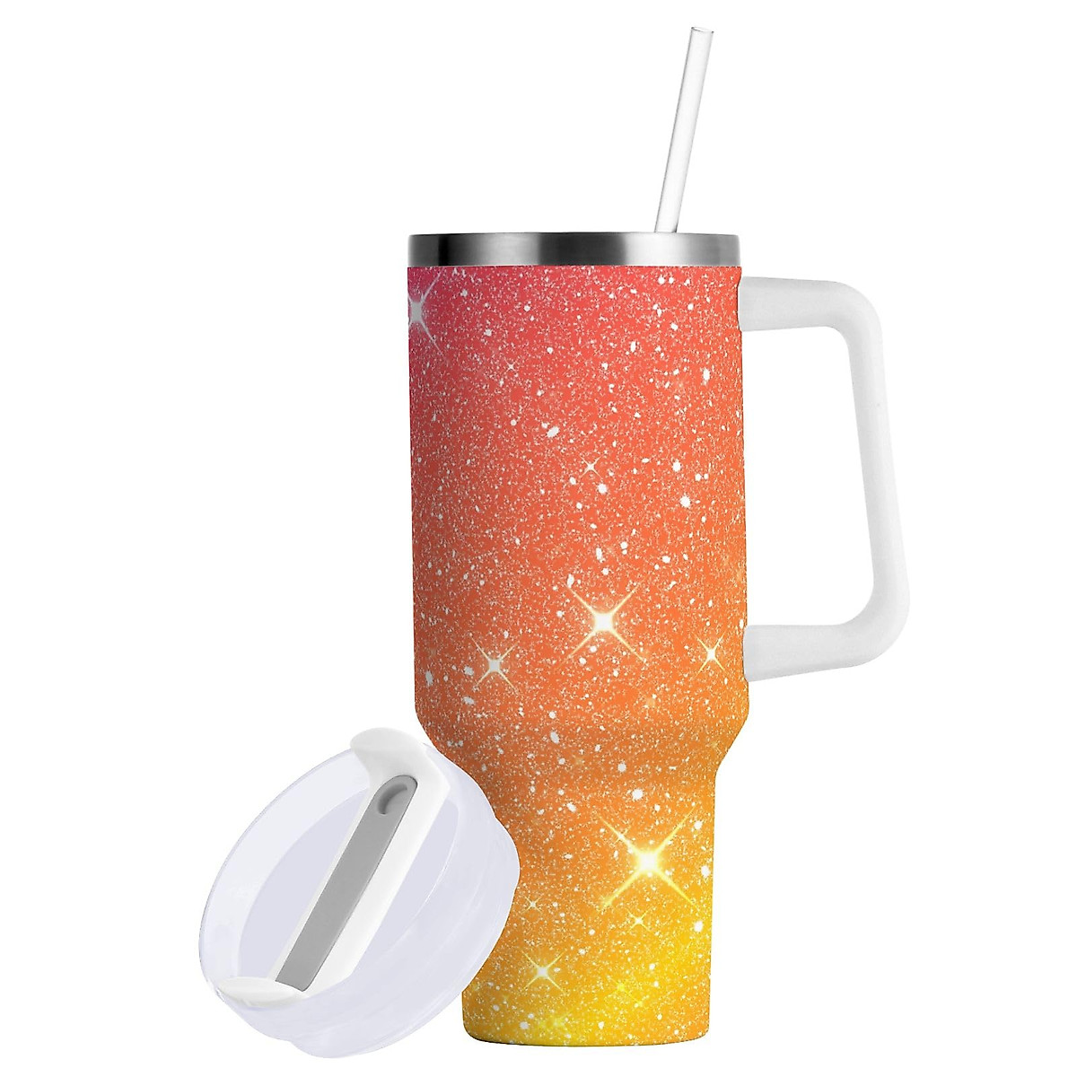 Orange Glitter Insulated Cup with Handle Tumbler Cups Reusable Stainless Steel Tumbler