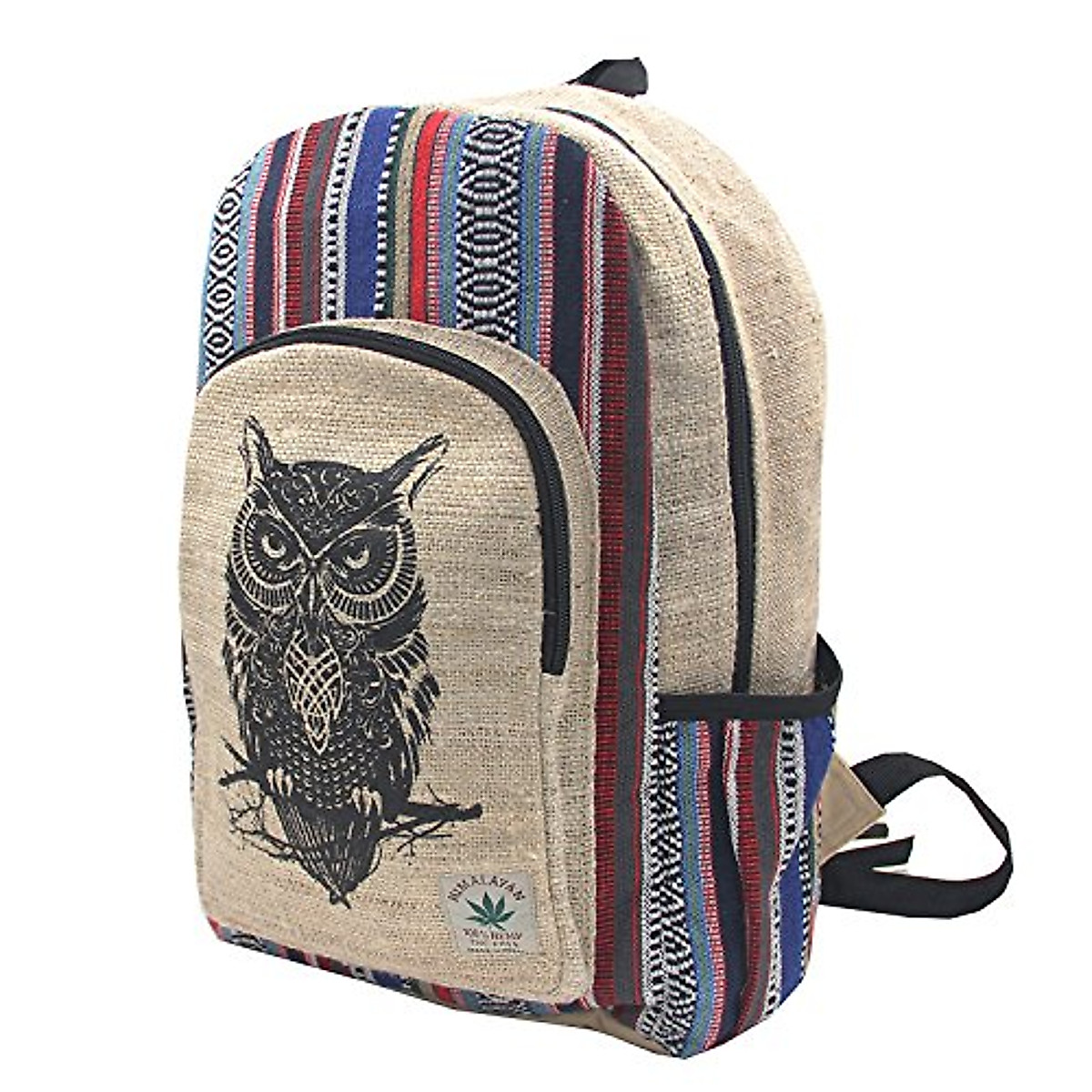 KayJayStyles Natural Handmade Large Multi Pocket Hemp Nepal Backpack (Owl)