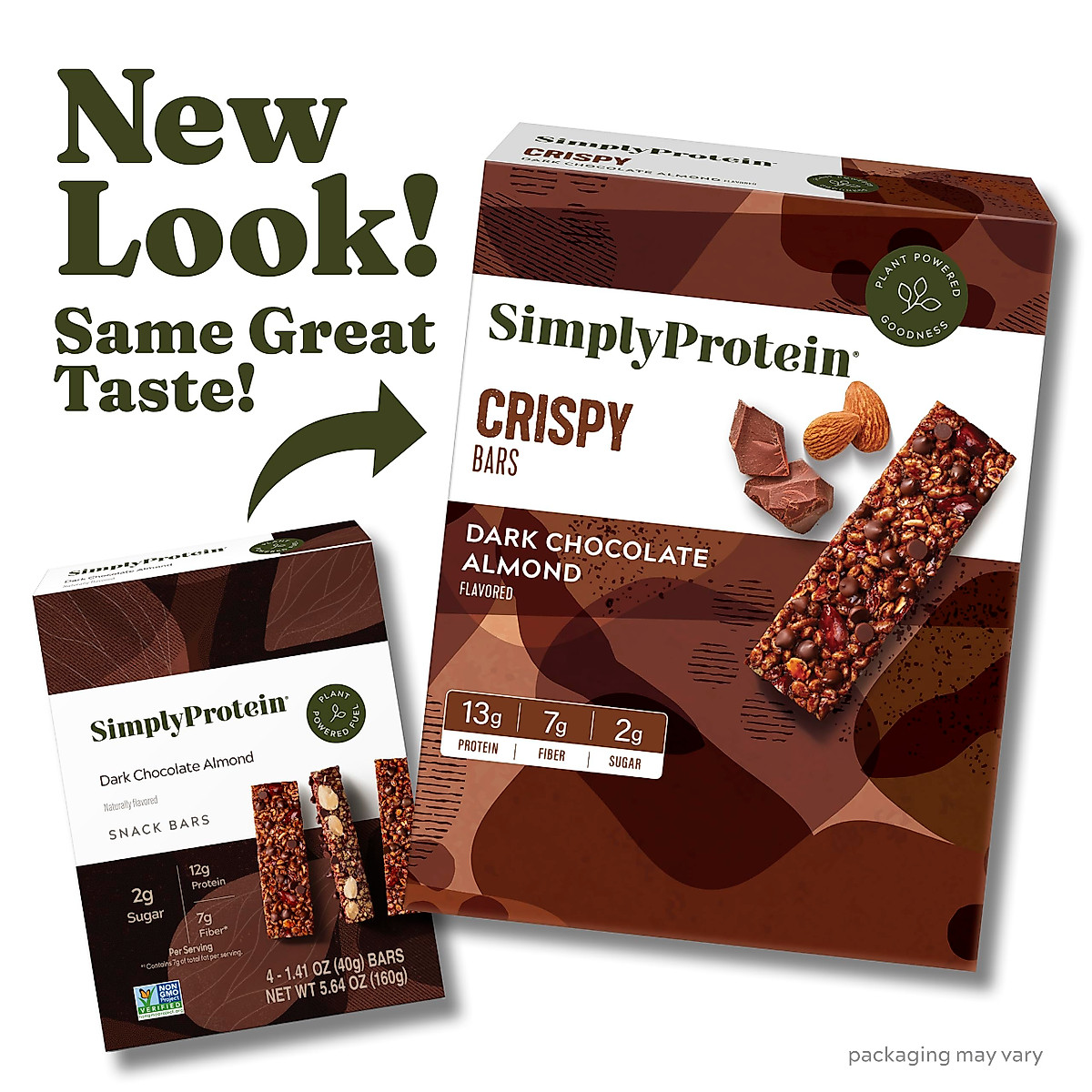 Simply Protein - Dark Chocolate Almond Crispy Bars - Plant Based Protein Bars - Low Carb, Low Sugar, High Fiber - 13g Protein, 2g Sugar, 7g Fiber - Vegan, Gluten Free, Non GMO, Kosher - 12 Bars