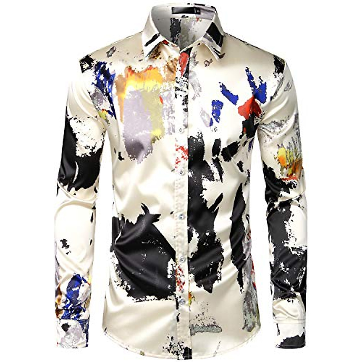 ZEROYAA Men's Hipster Splash Ink Design Silk Like Satin Button Down Dress Shirt for Party Prom ZLCL12-Beige Small